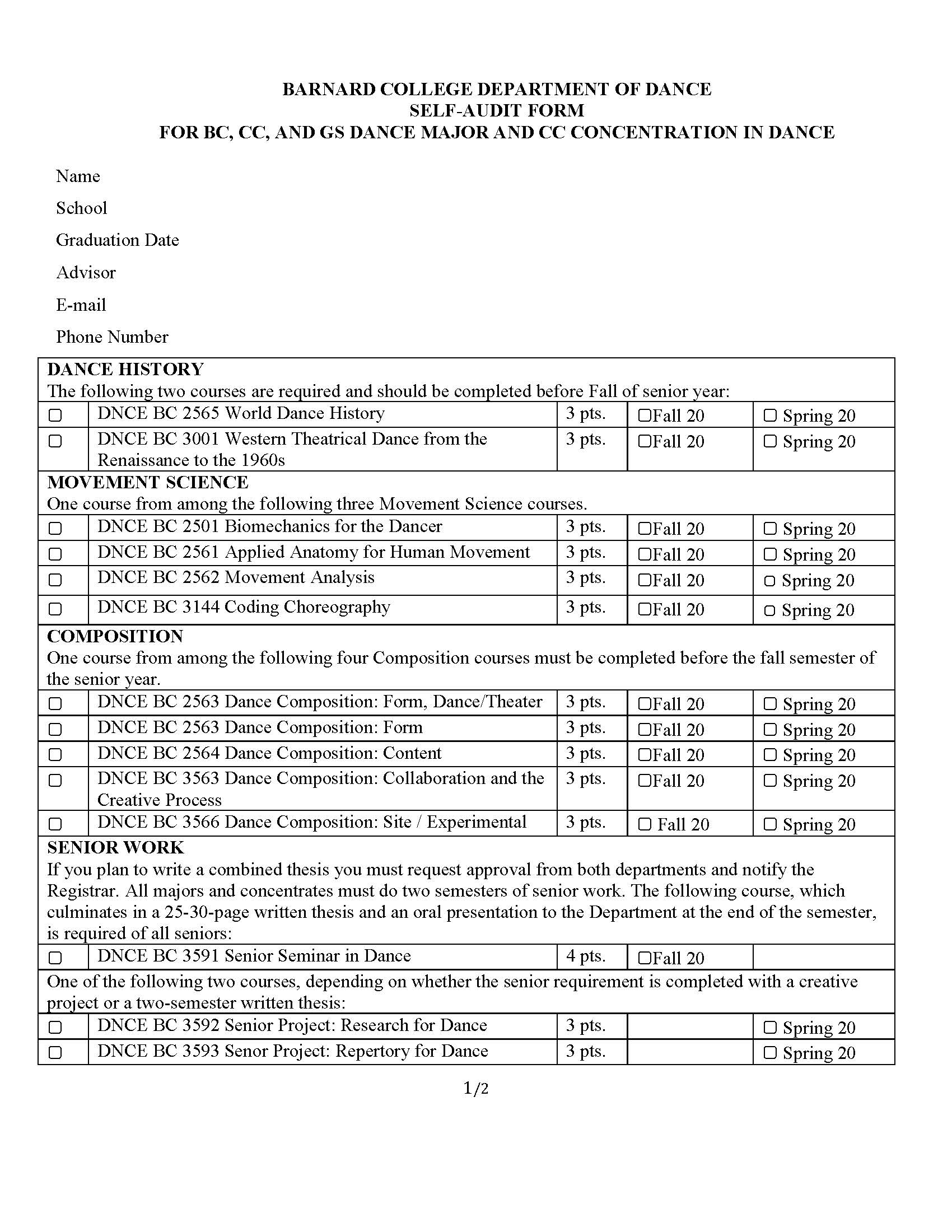 Major and Minor Requirements | Barnard Dance